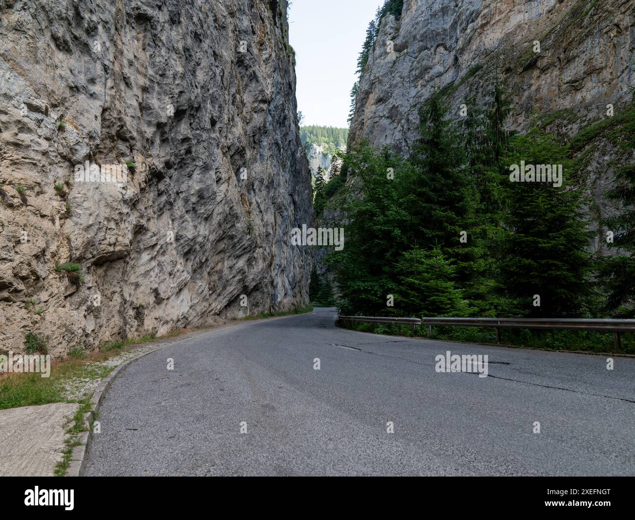 Winding asphalt road leading through a narrow gorge with steep rocky ...