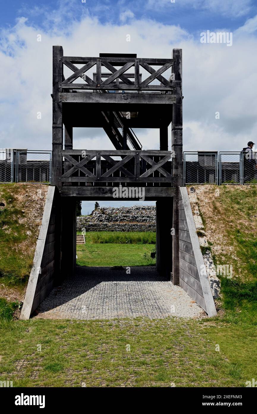 The reconstruction of the main gateway at Richborough Roman Fort. The ...