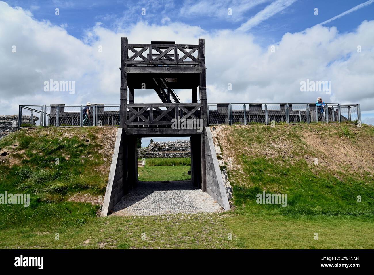 The reconstruction of the main gateway at Richborough Roman Fort. The ...