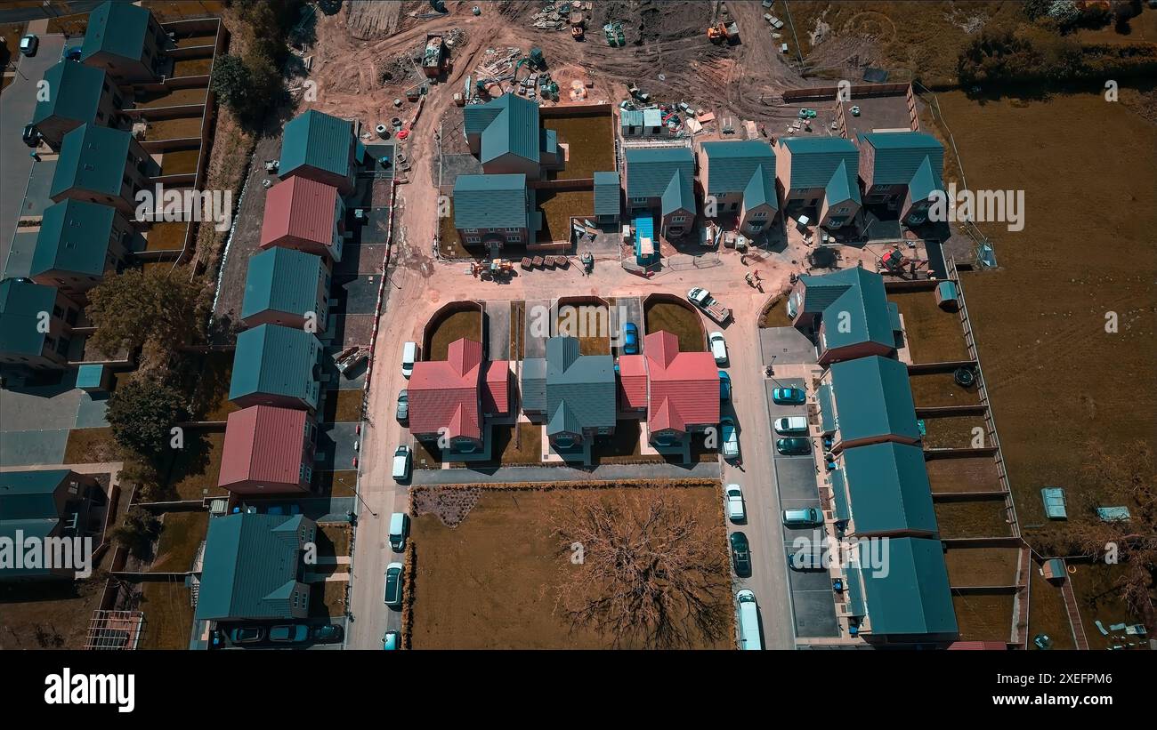 Aerial view of a residential neighborhood under construction with ...