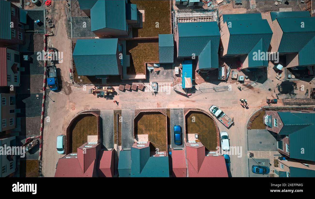 Aerial view of a residential neighborhood under construction with ...