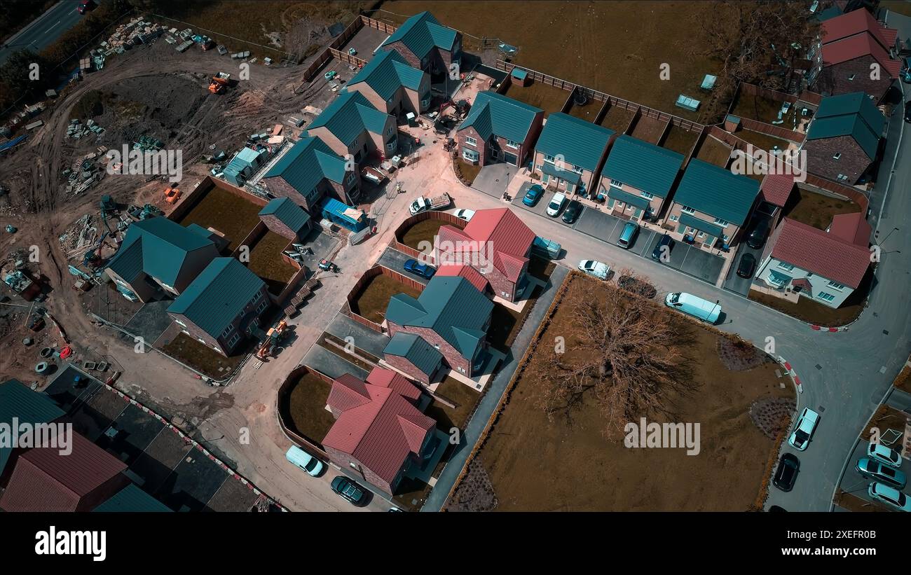 Aerial view of a residential neighborhood under construction with ...