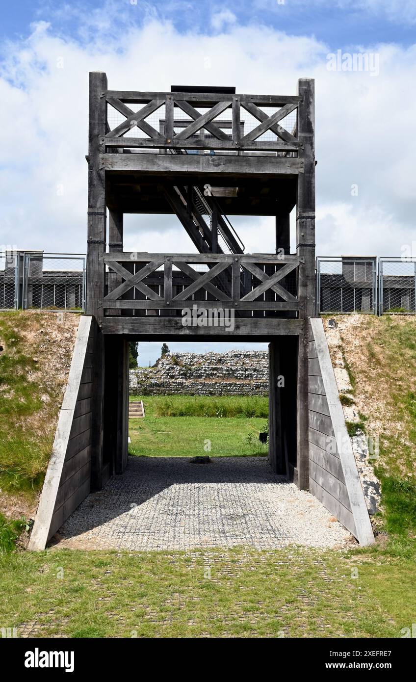 The reconstruction of the main gateway at Richborough Roman Fort. The ...