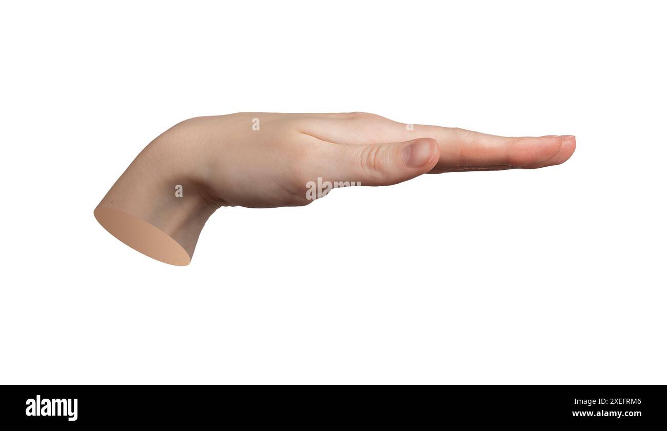 Hand gesture, palm down, measuring horizontal level. Isolated on white ...