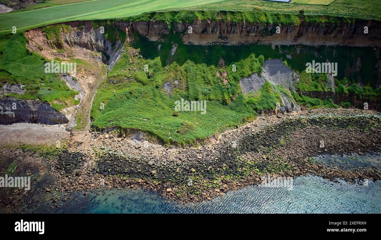 Aerial view of a coastal cliff with green vegetation, rocky shoreline ...