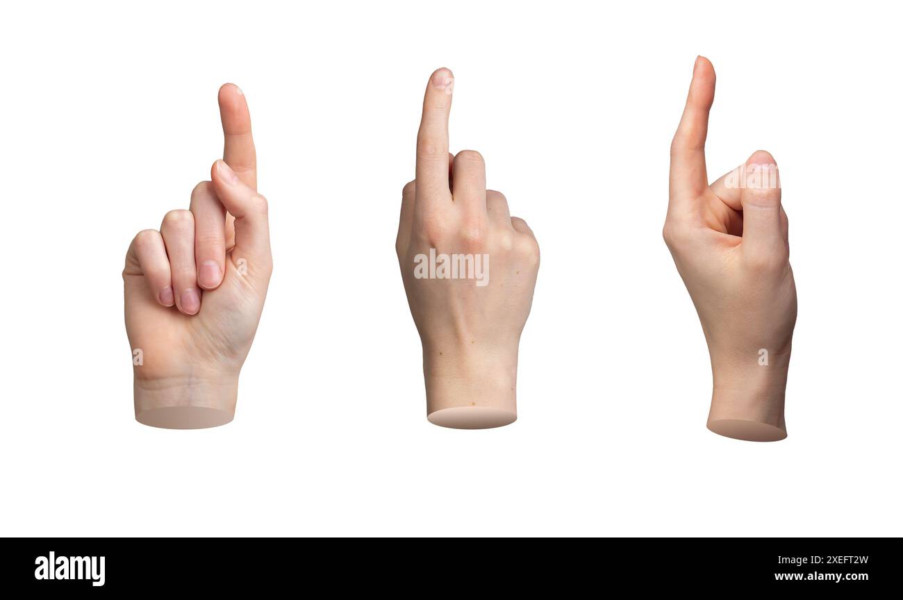 Hand gesture, pointing indicating sign from different views. Pointer ...