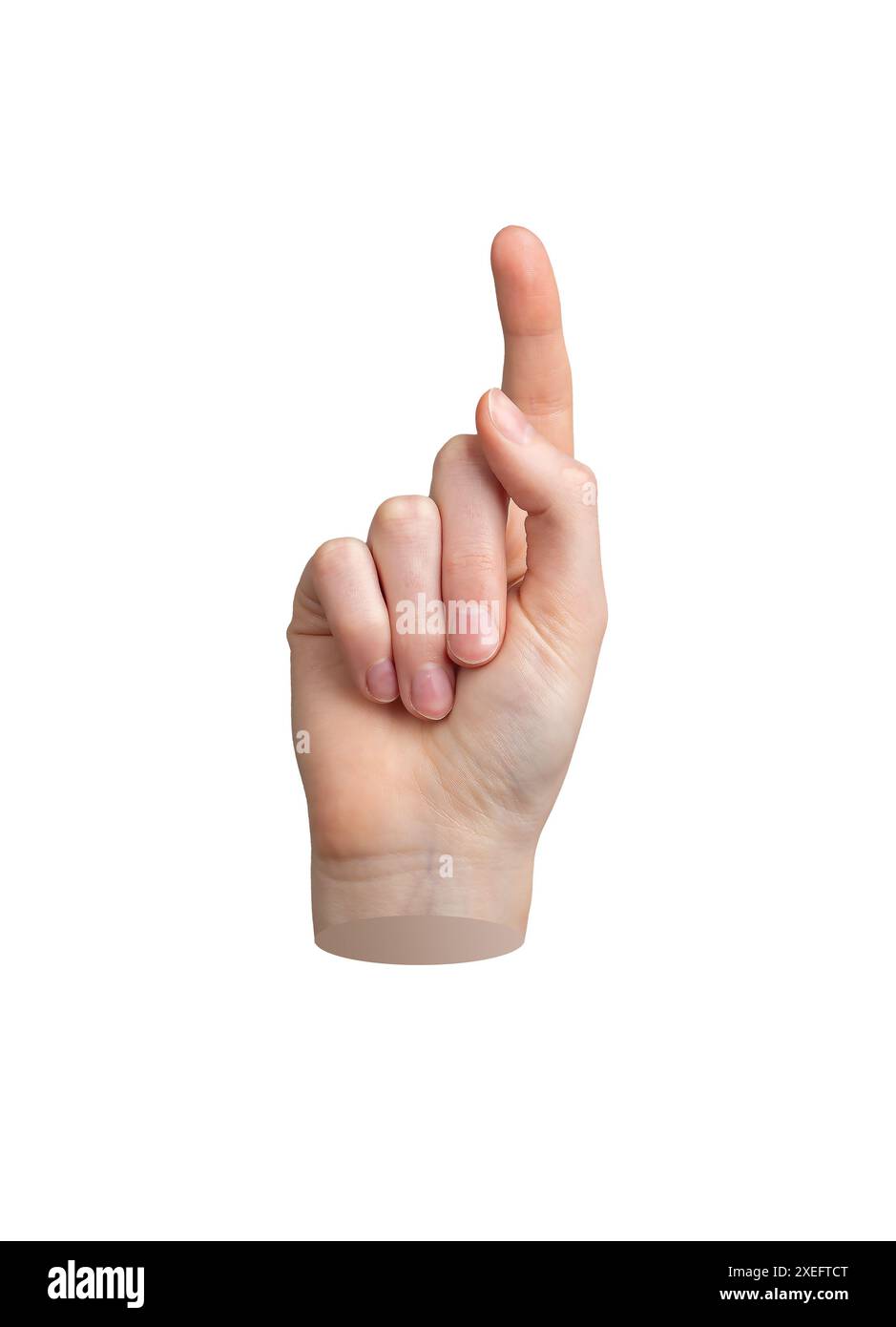 Hand pointing gesture, index finger, indicating sign isolated on white background. Outstretched ...