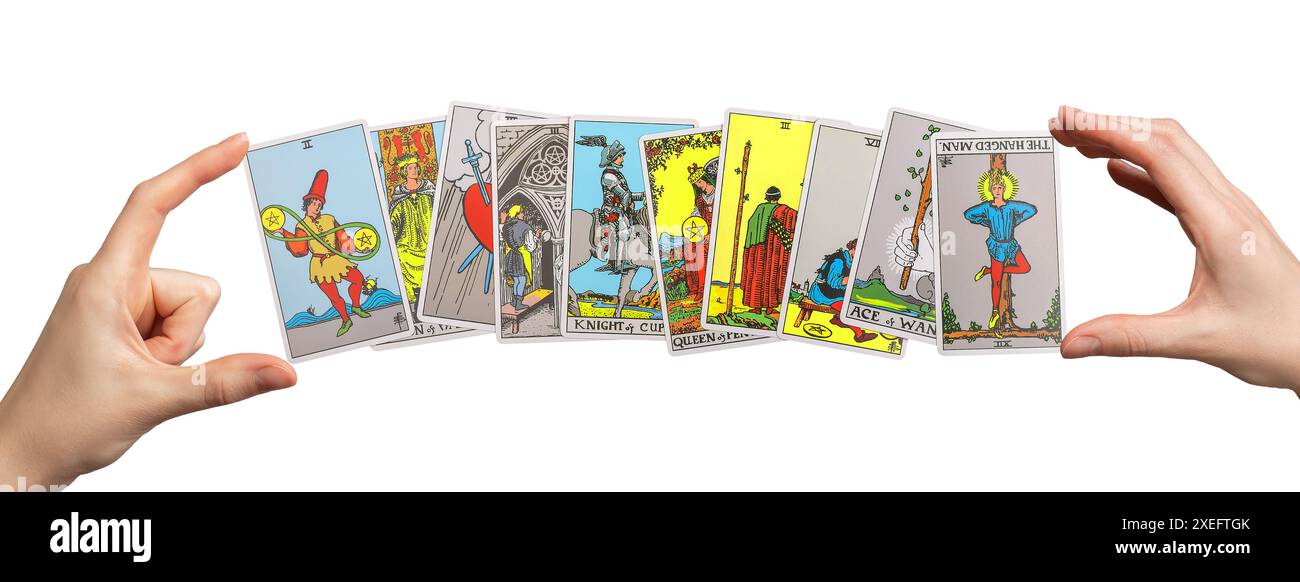 Tarot card isolated on white. Hand holding arcana spread. Fortune ...