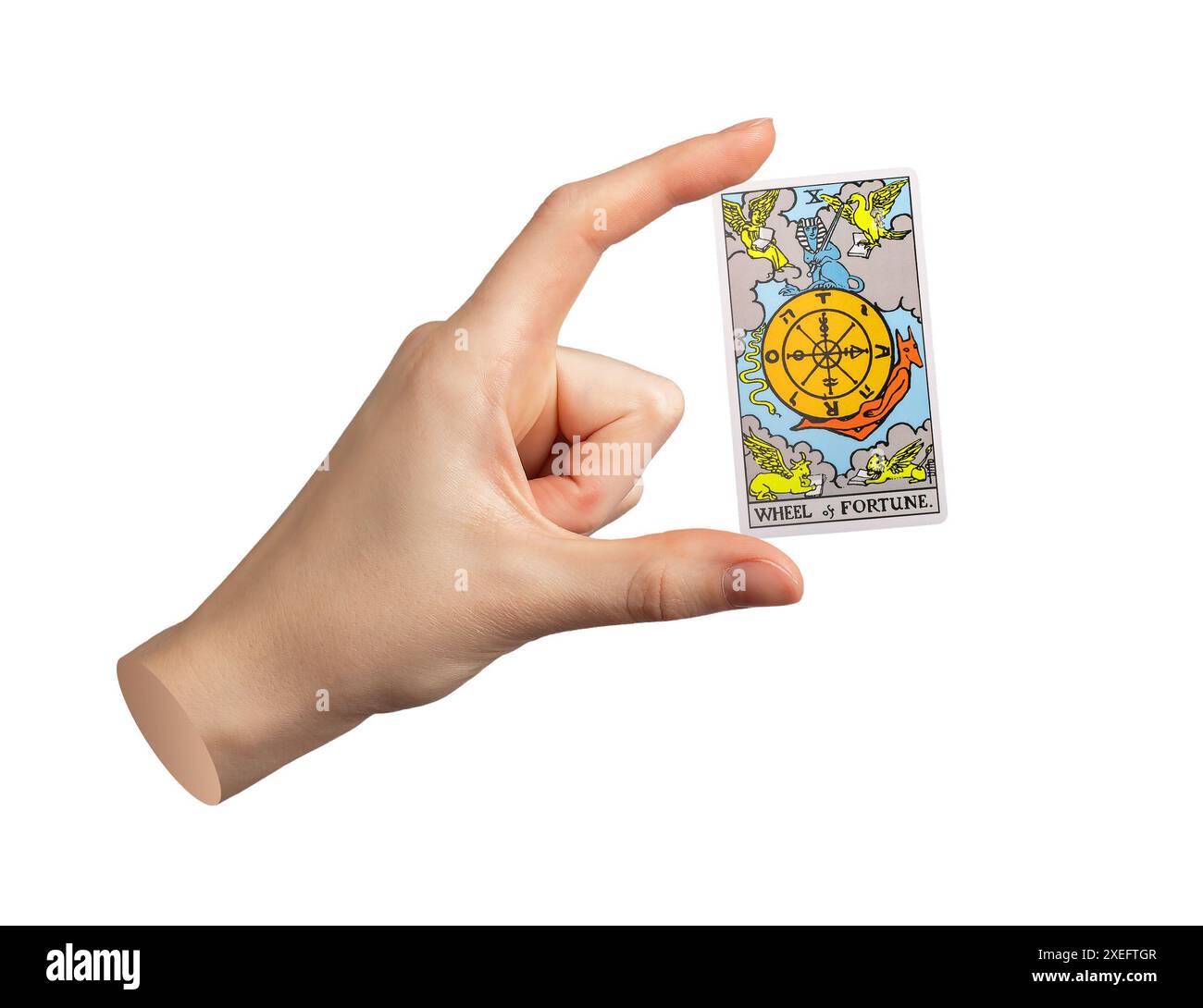 Hand holding tarot card, Wheel of Fortune arcana isolated on white ...
