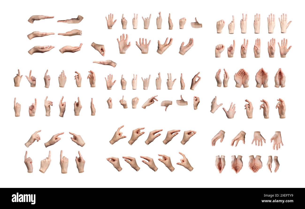 Hand gestures, big set. Different signs with fingers, palm, fist. Isolated on white background ...