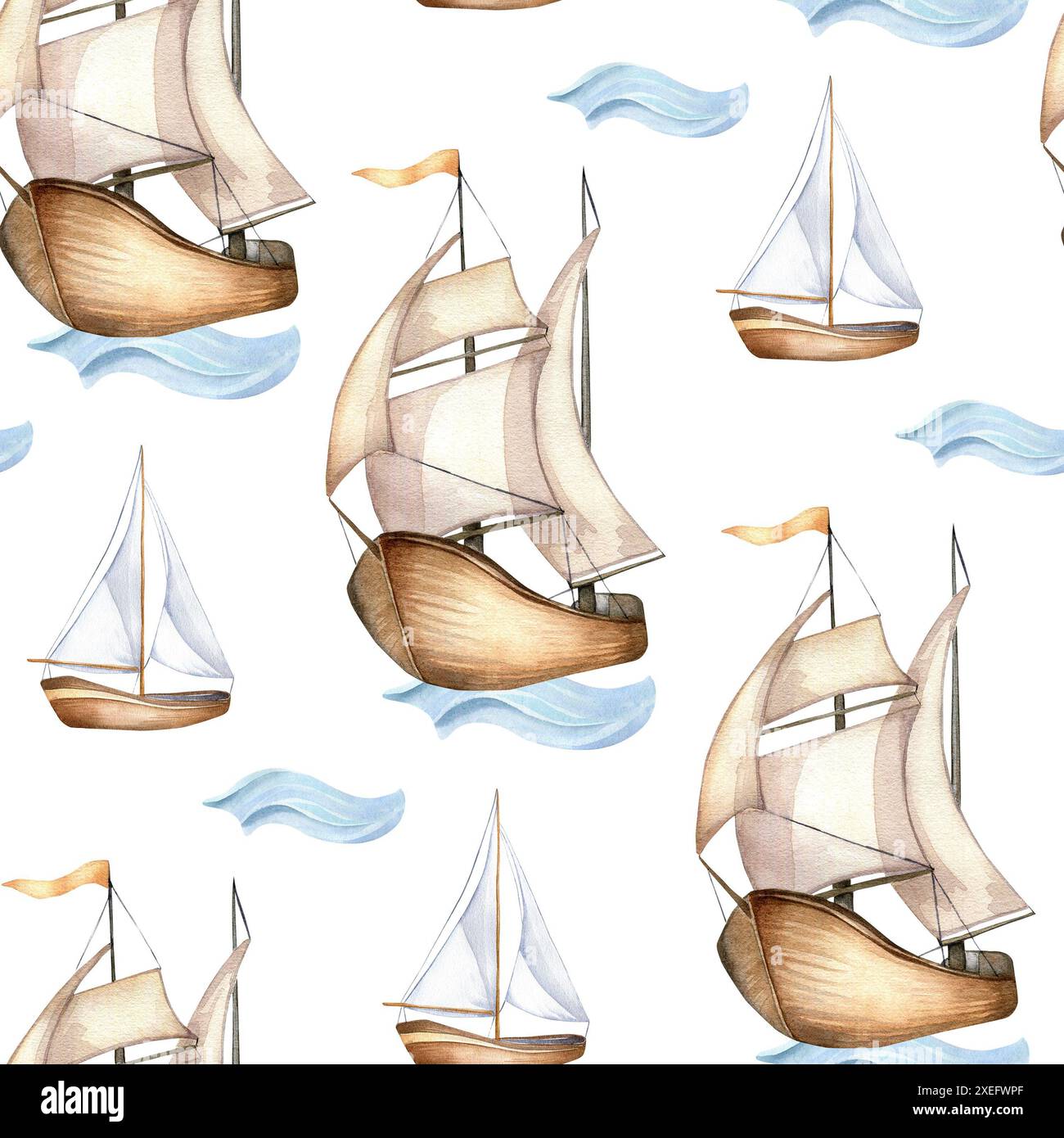 Various boats, sailboats on sea waves hand drawn watercolor for seamless nautical pattern ...