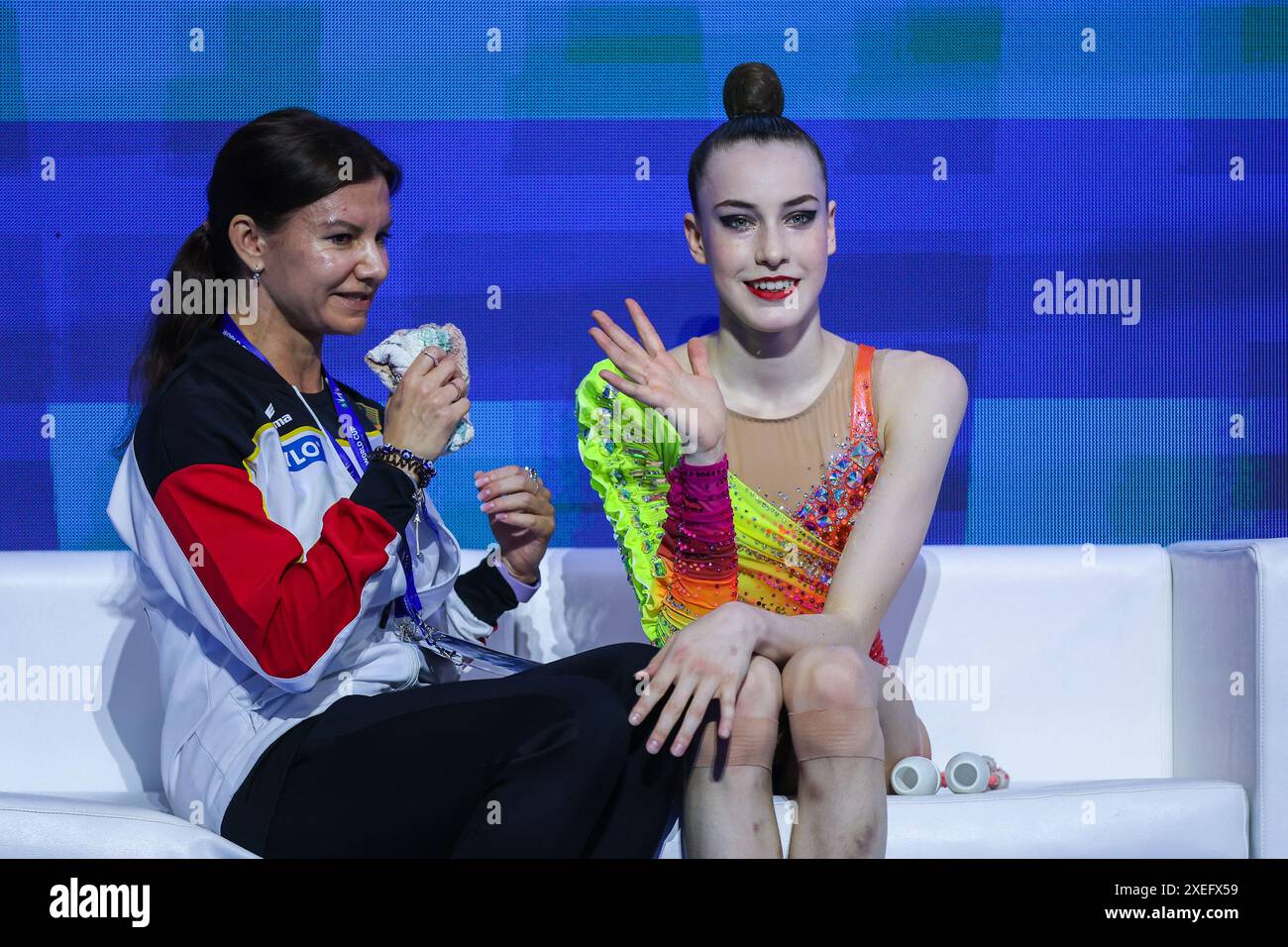 (R) Darja Varfolomeev (GER) with her coach seen during the Rhythmic ...