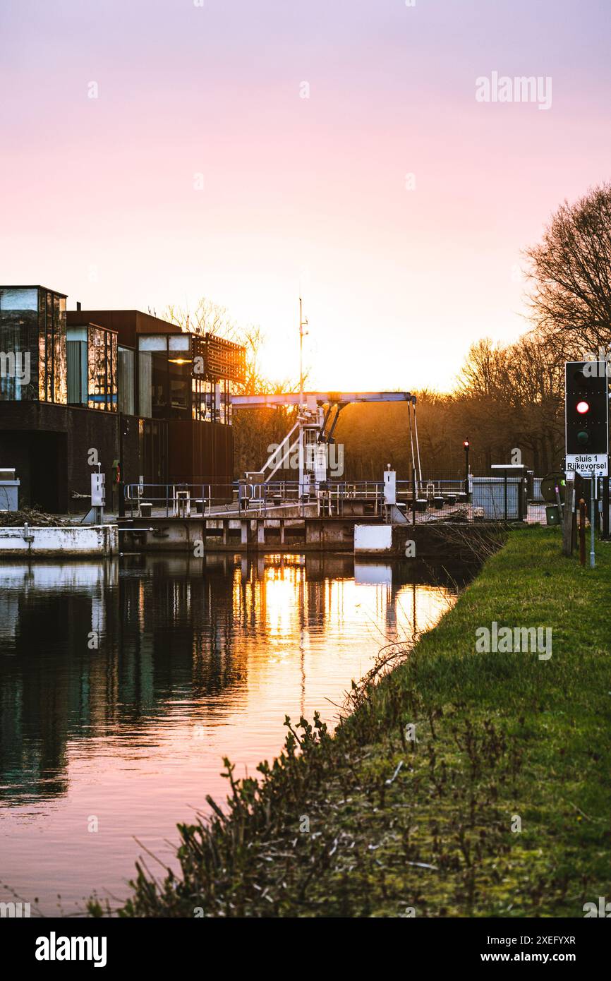 Dawn Over Water Lock and Modern Buildings - Urban Sunrise Stock Photo ...