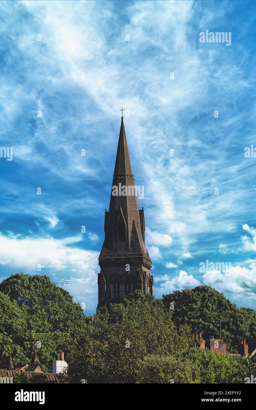 A tall church steeple rises above the surrounding trees under a ...