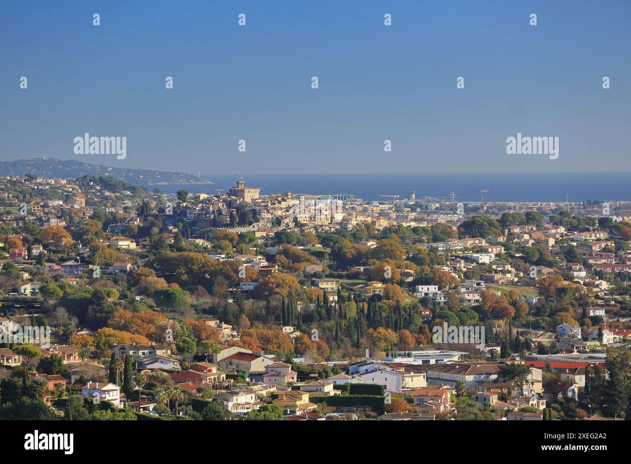 Top view above the French Riviera. The old village of Cagnes sur mer ...