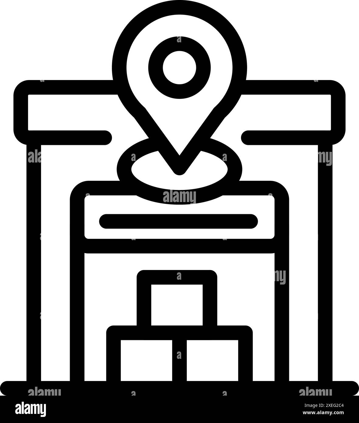 Line icon representing a warehouse building with a location pin ...