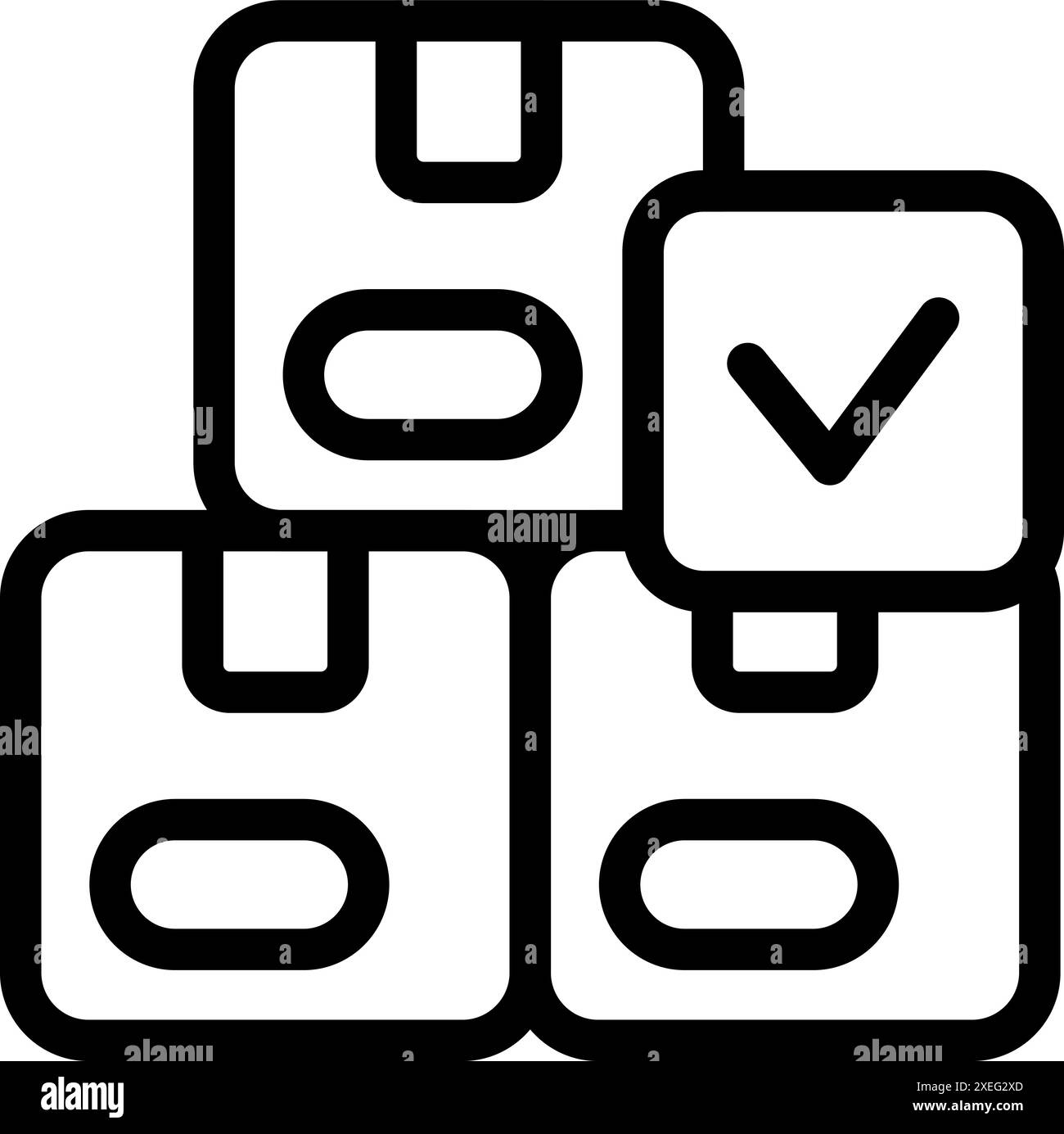 Line art icon of three cardboard boxes, one with a checkmark ...