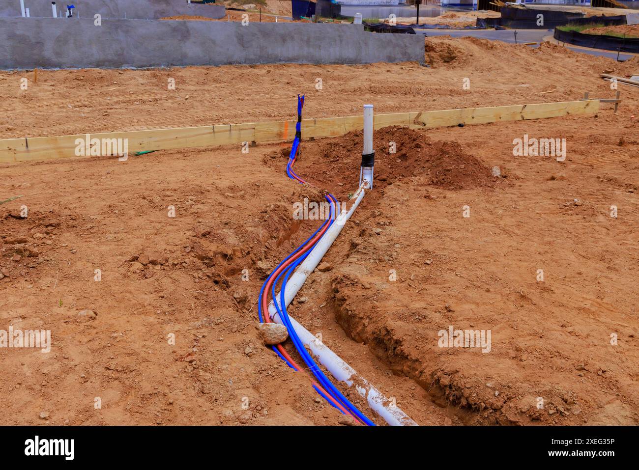 Before pouring concrete foundation to new house is laying at ...