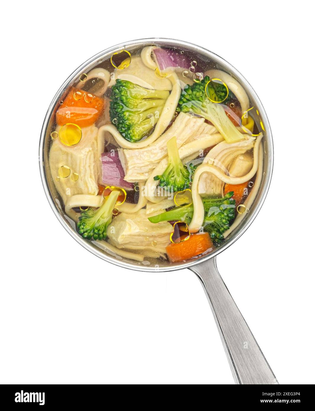 Chicken noodle soup in ladle isolated on white background, top view ...