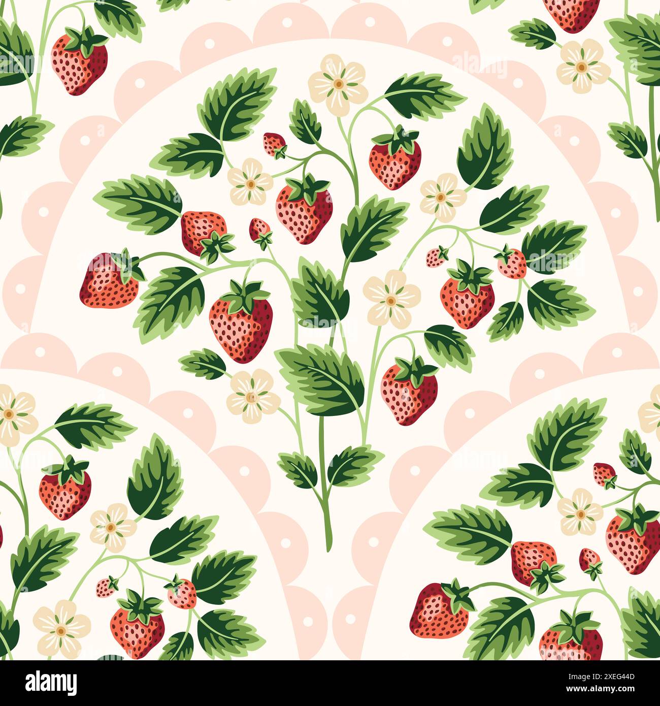 Cottage Core Garden Strawberries and Scallops Vector Seamless Pattern ...