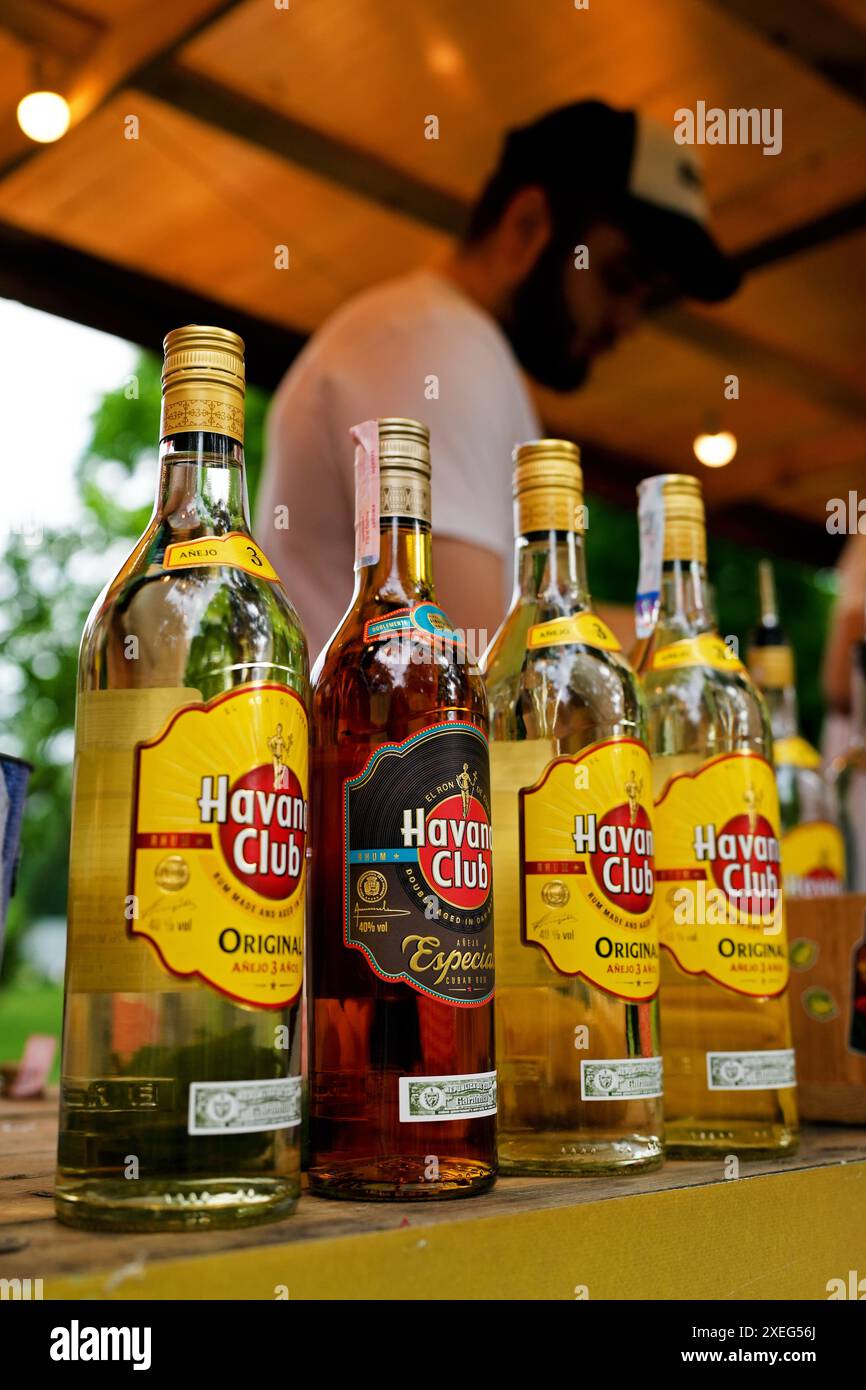 Havana Club rum bottles displayed on the bar counter. Minsk, Belarus ...