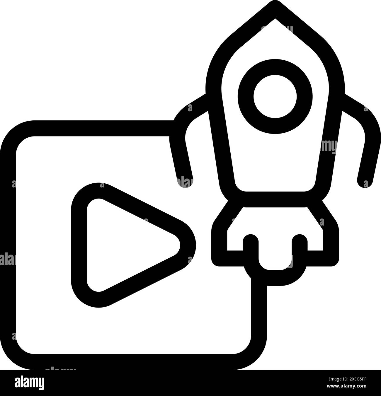 Line art icon of a rocket launching from a play button symbolizing ...