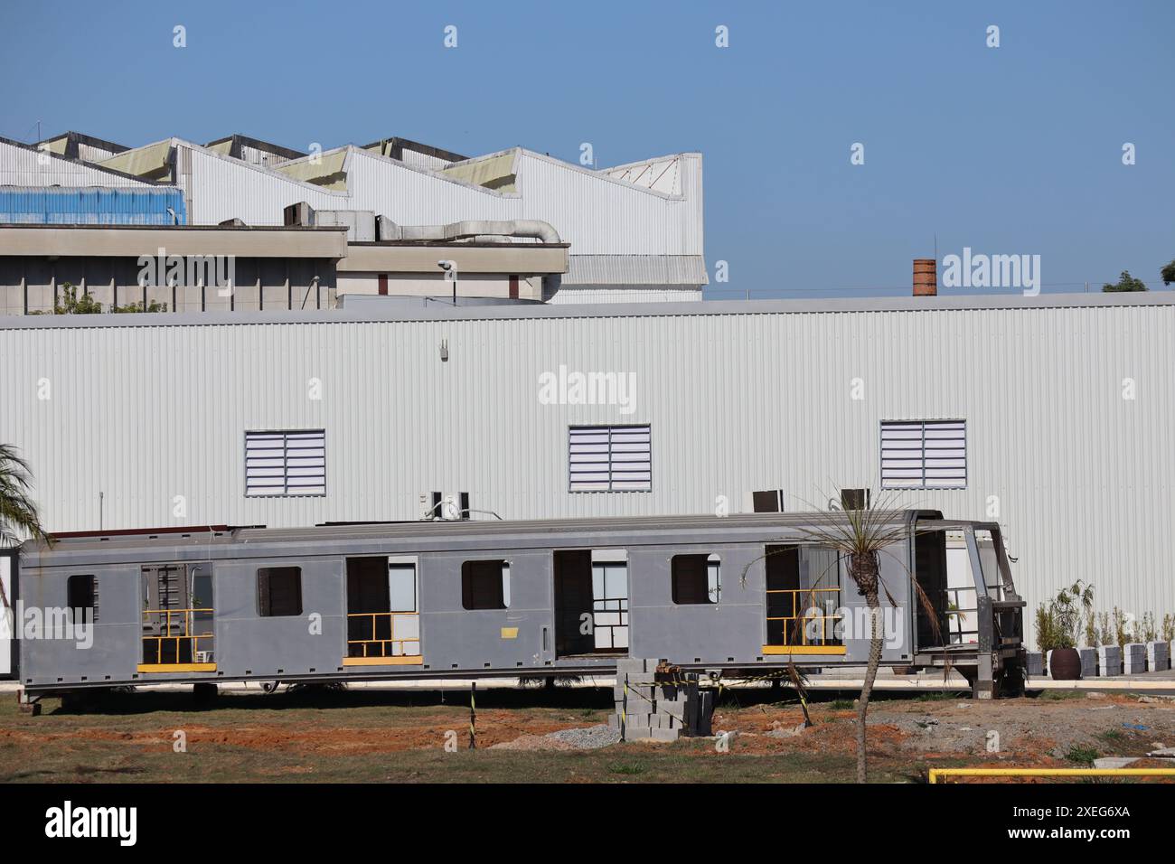 Train car being built in a train car factory located in Taubate, Brazil ...