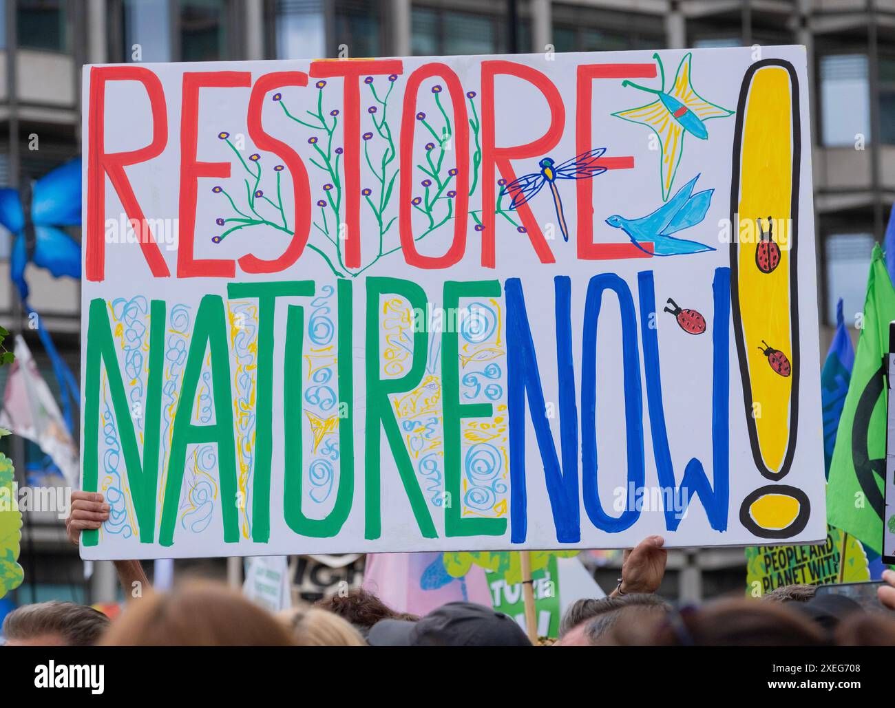 London, UK. 22nd June 2024. Protest signs and placards at the Restore ...