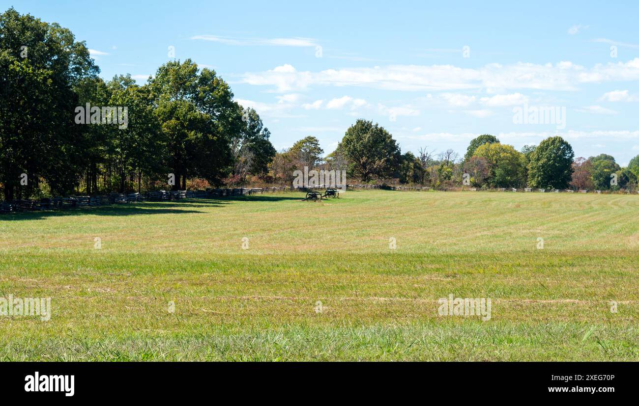 A nicely mowed open tree lined field with military cannons on display ...