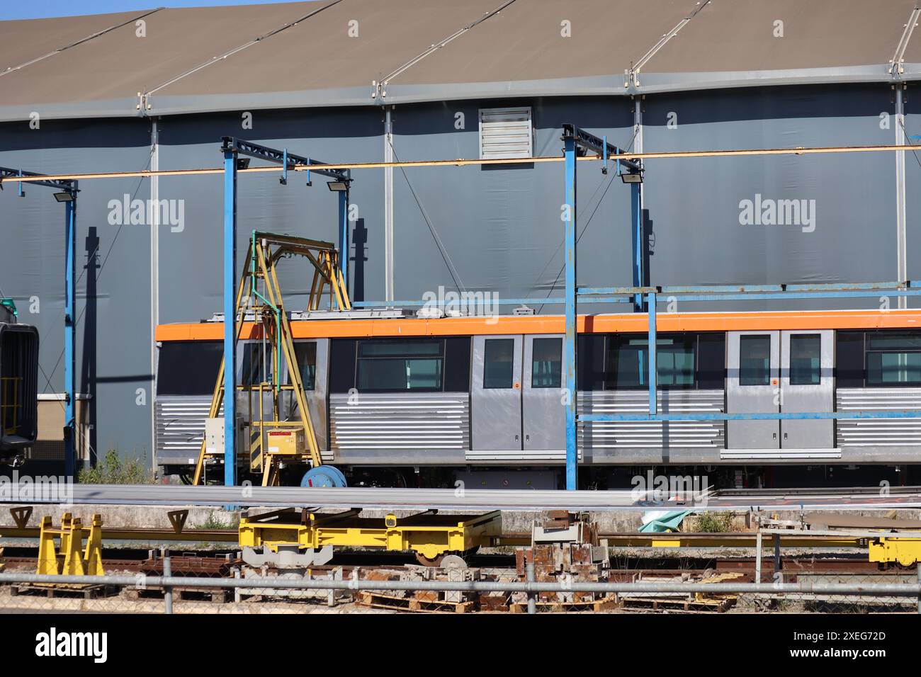 Train car being built in a train car factory located in Taubate, Brazil ...
