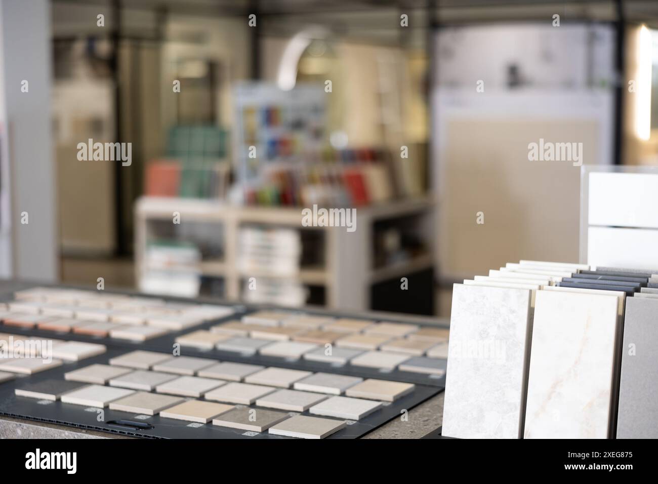 Assorted tile samples presented on display boards in store Stock Photo ...