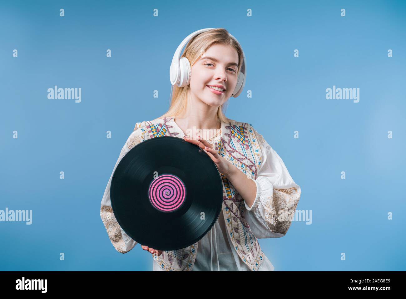 Young Blonde Woman With Vinyl Record Disc. Hobby, Music Lover ...