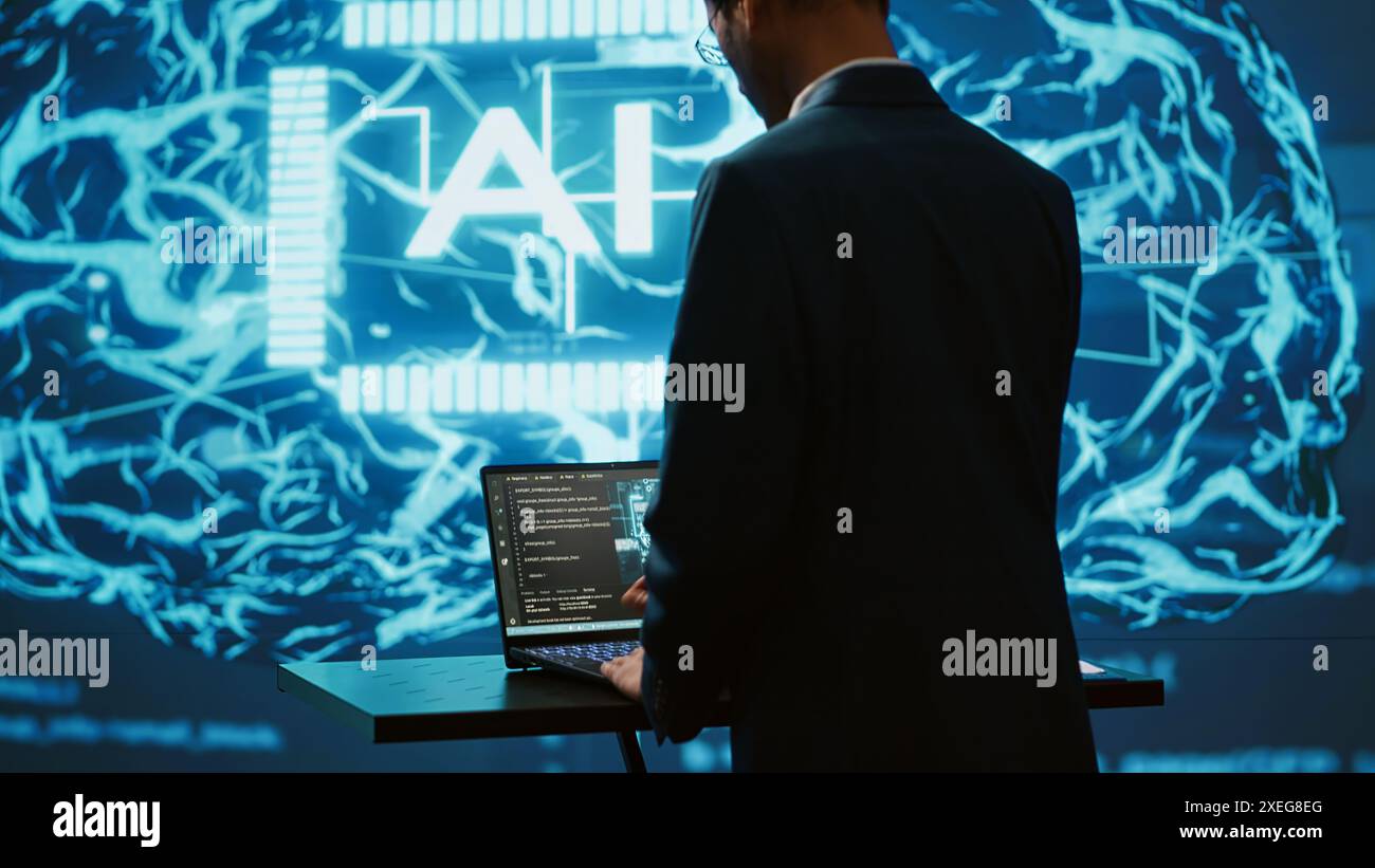 Ai System Administrator Using Laptop Device In High Tech Futuristic