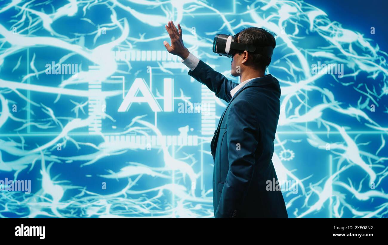 Developer wearing VR smart goggles working with artificial intelligence neural networks. IT ...