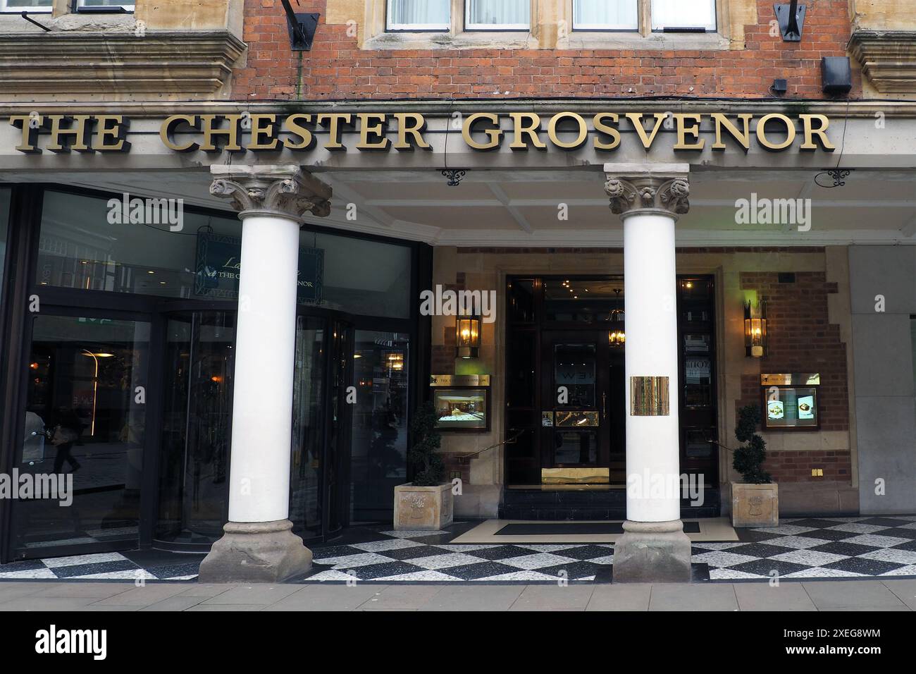 Sign above the entrance of the Historic Grosvenor Hotel in Chester ...