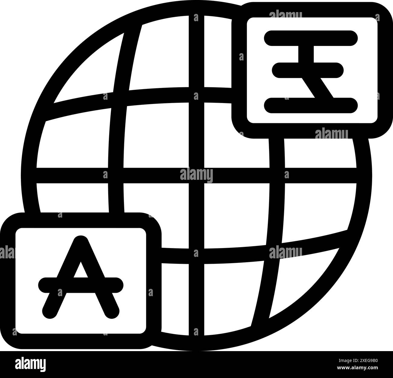 Simple black and white icon of a globe with speech bubbles containing different alphabets ...