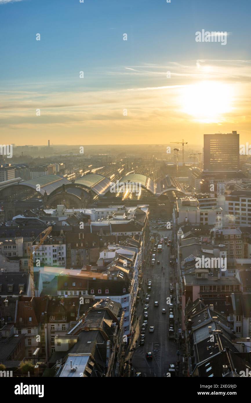 Frankfurt skyline. modern high-rise buildings in the glow of the sunset ...