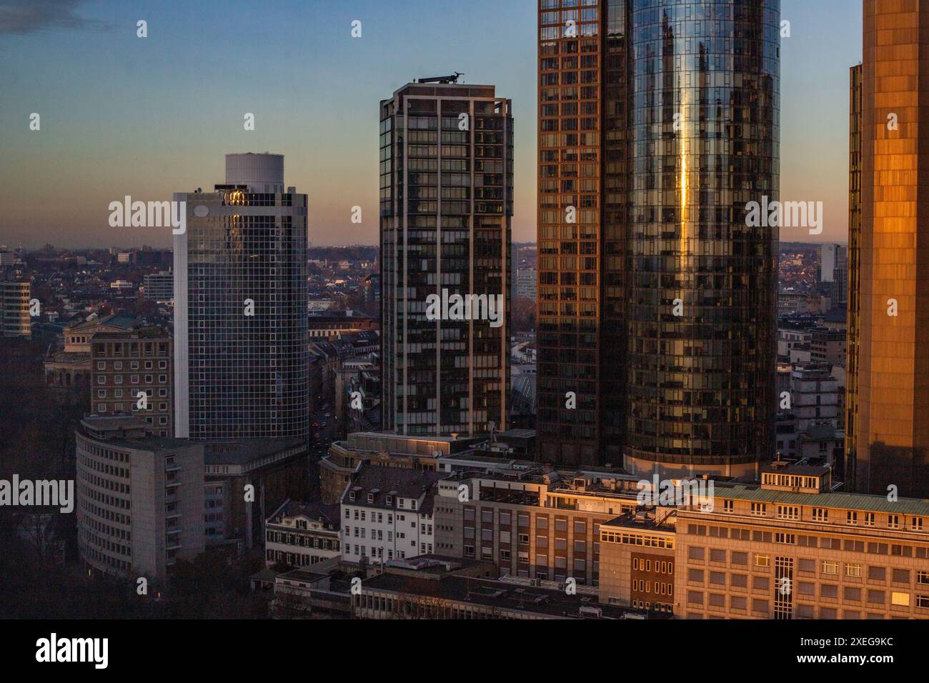Frankfurt skyline. modern high-rise buildings in the glow of the sunset ...