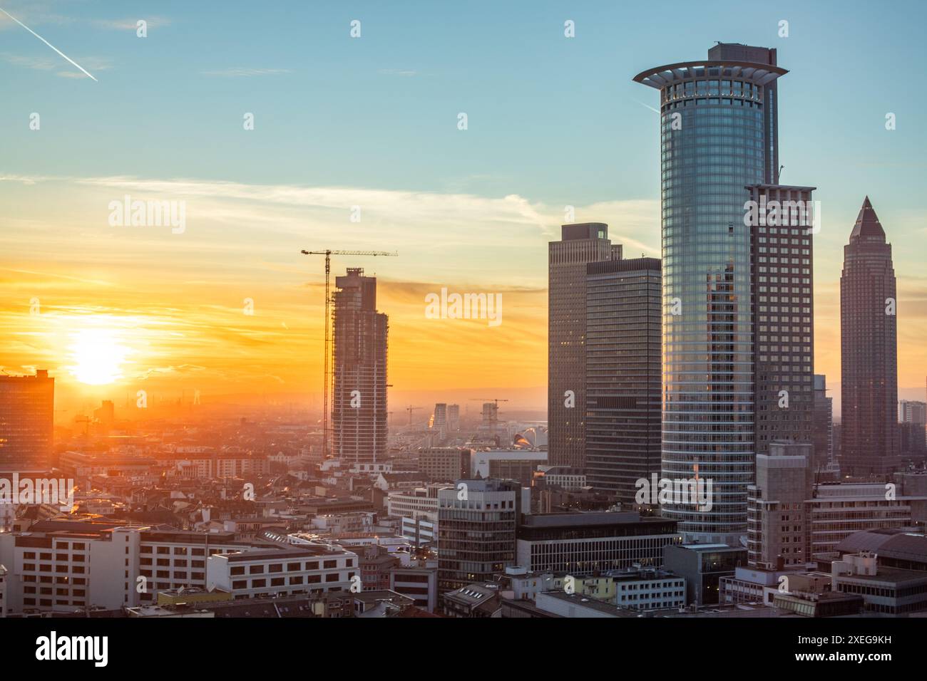 Frankfurt skyline. modern high-rise buildings in the glow of the sunset ...