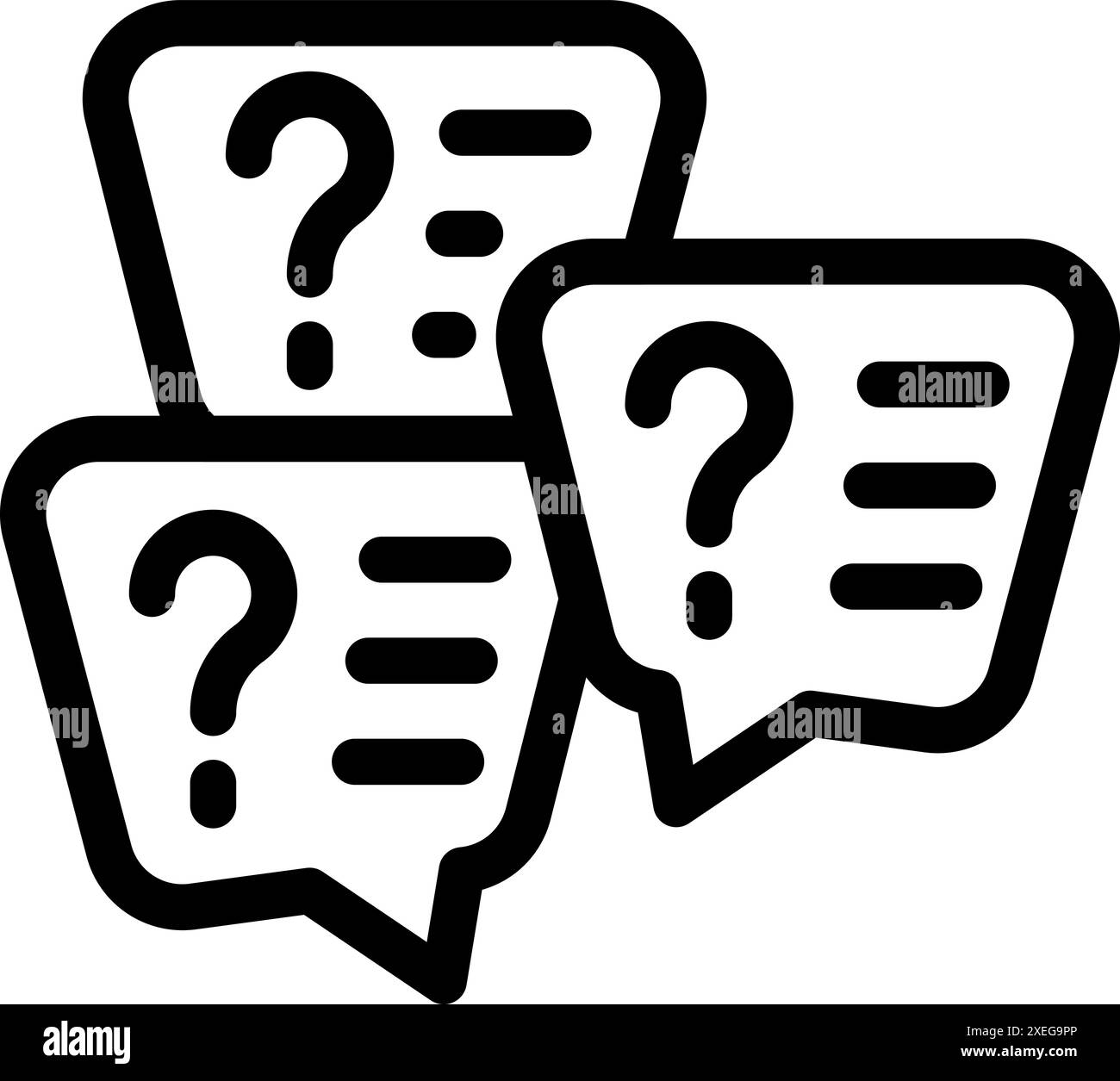 Simple icon of three speech bubbles with question marks inside, representing questions being ...