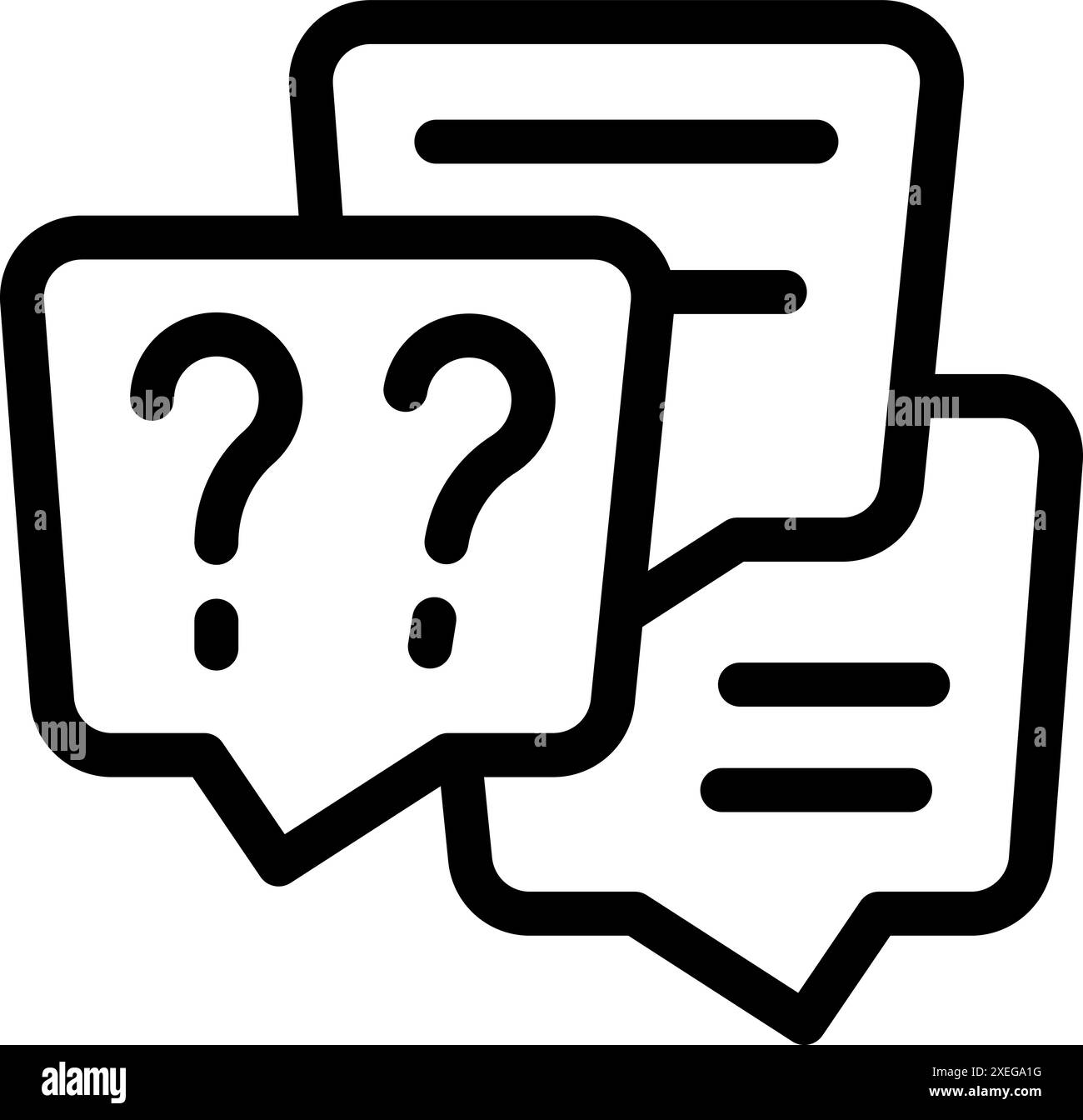 Simple black and white icon of three speech bubbles with question marks, representing ...