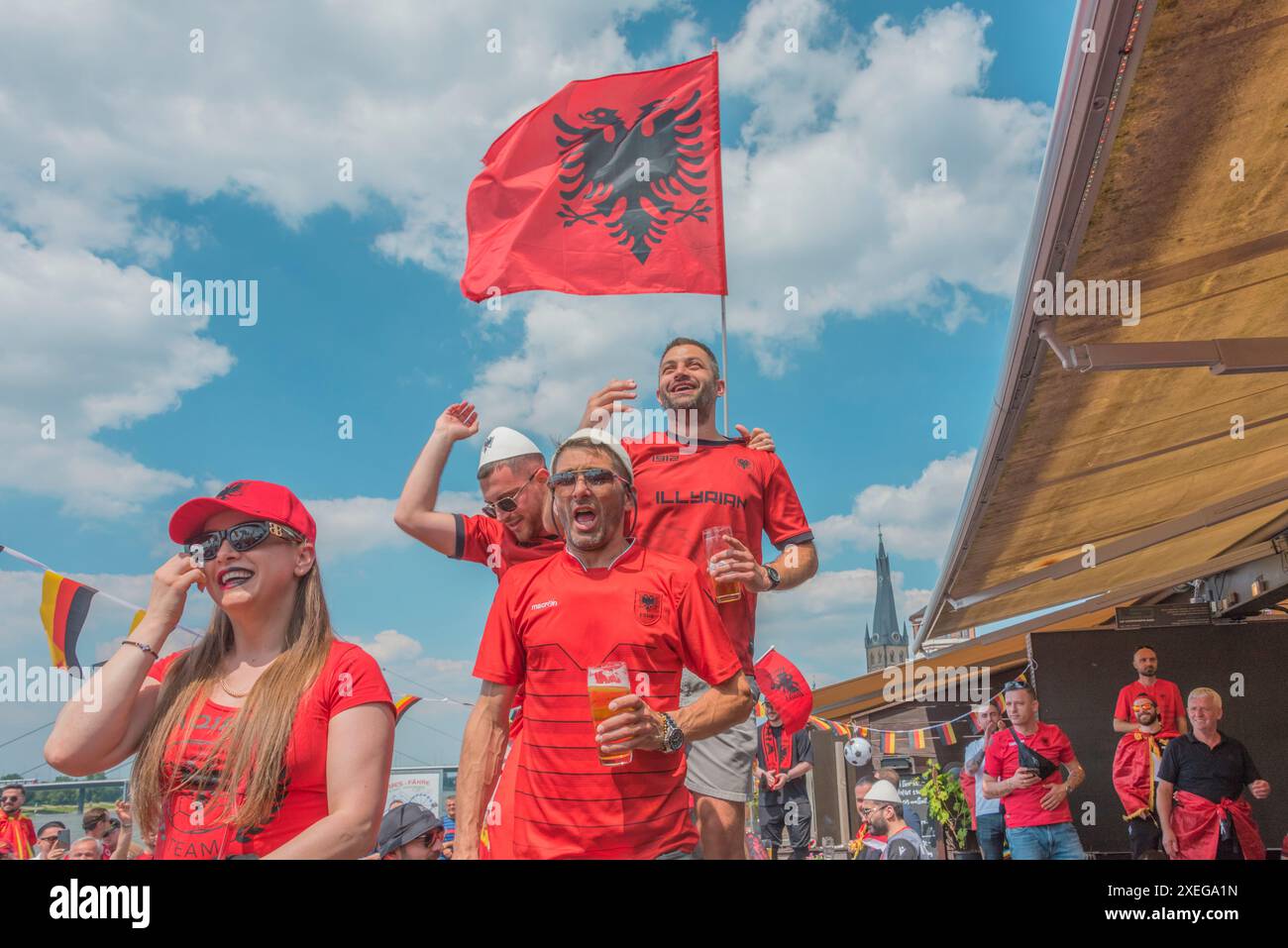 Albanian football fans celebrate in the Old Town of Düsseldorf during ...