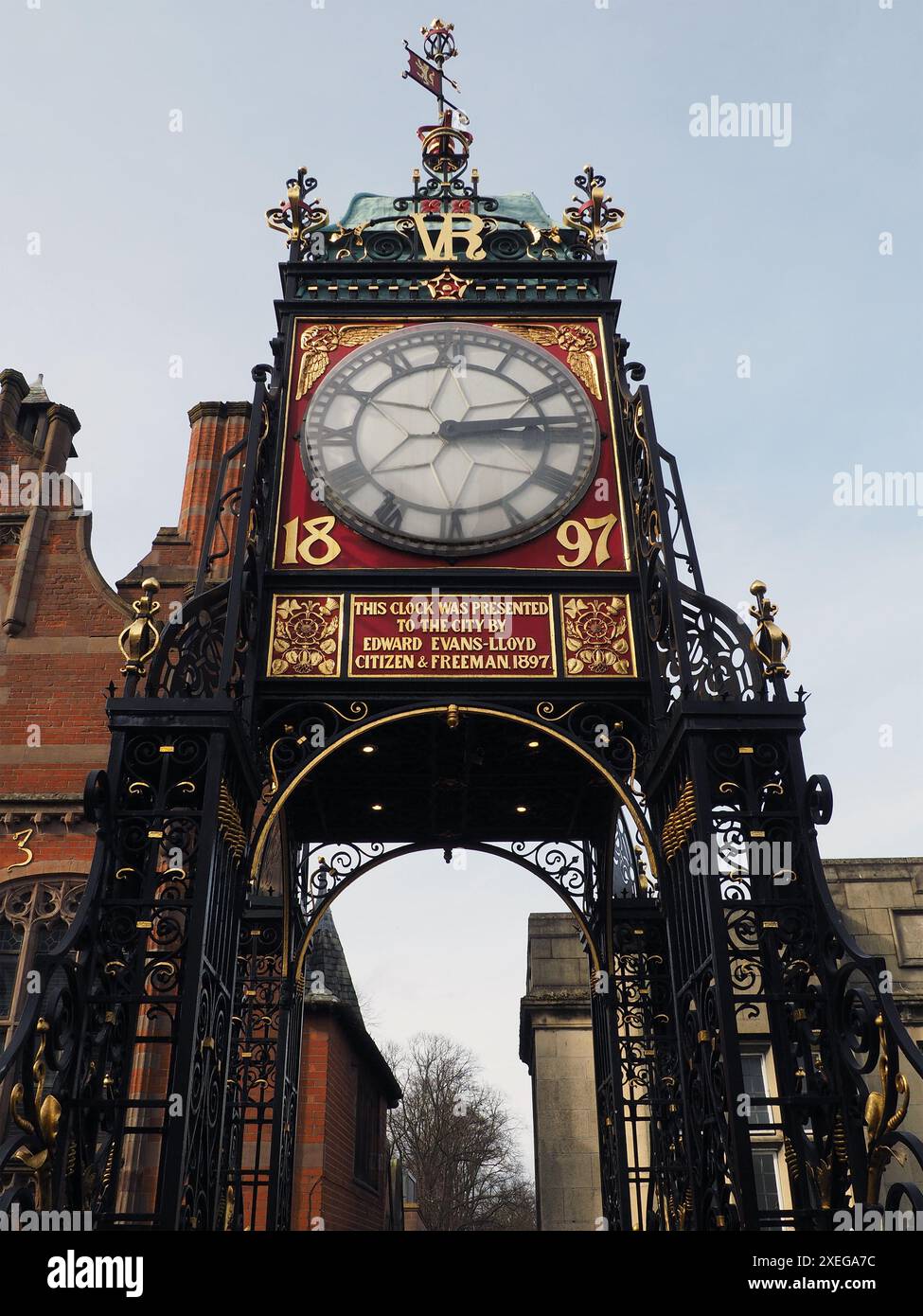 A close-up of the historic Eastgate Clock on the city walls in the ...