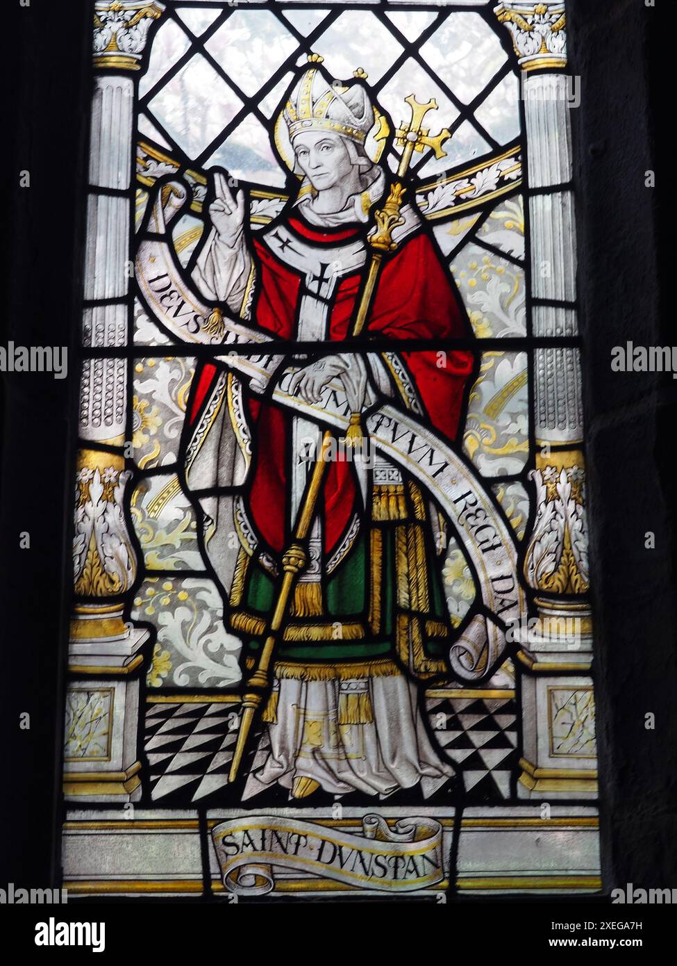 Stained glass window of Saint Dunstan in the cloisters of Chester ...