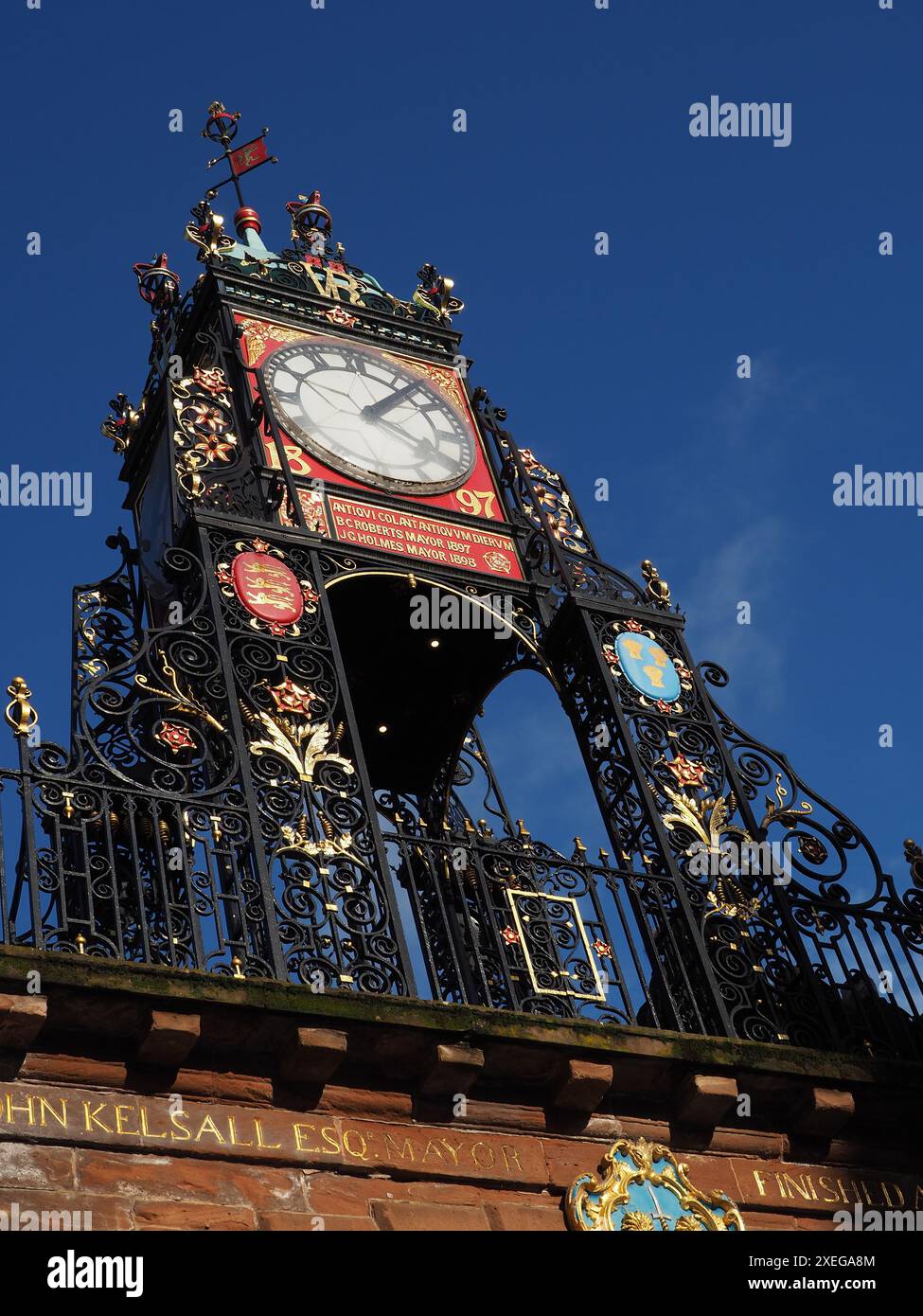 A close-up of the historic Eastgate Clock on the city walls in the ...