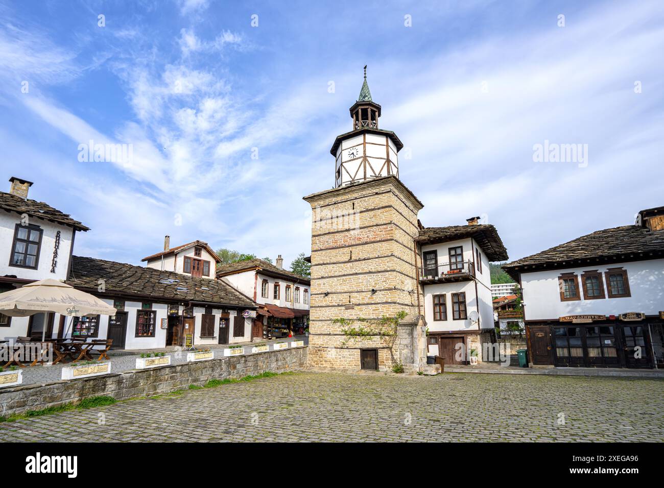 The square and the clock tower in the old town of Tryavna, Bulgaria ...