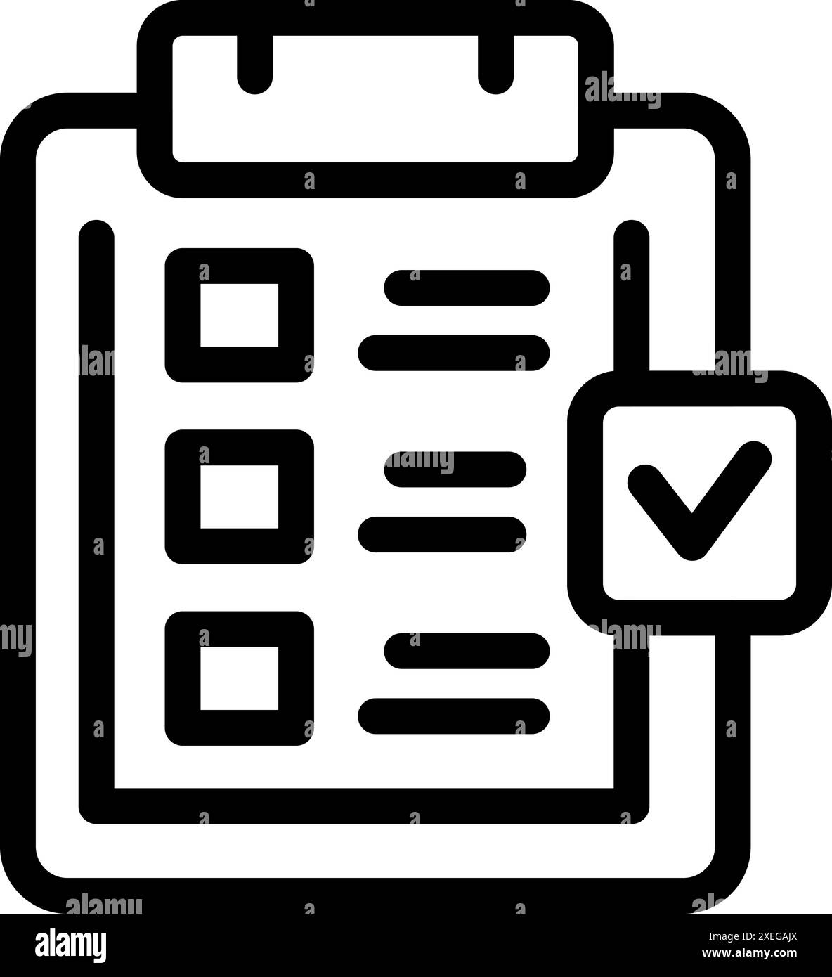 Simple black line art icon of a clipboard showing a completed checklist with a checkmark symbol ...