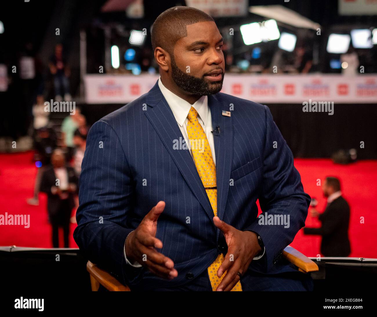 Florida Congressman Byron Donalds gives an interview inside the Spin ...