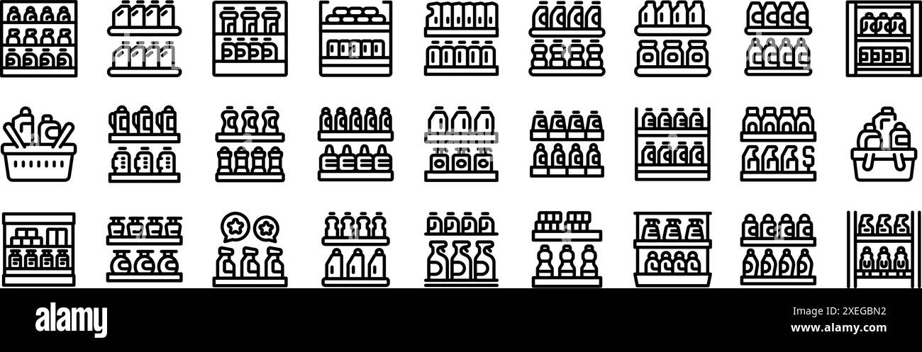 Shelves household chemicals icons set. Set of icons featuring ...