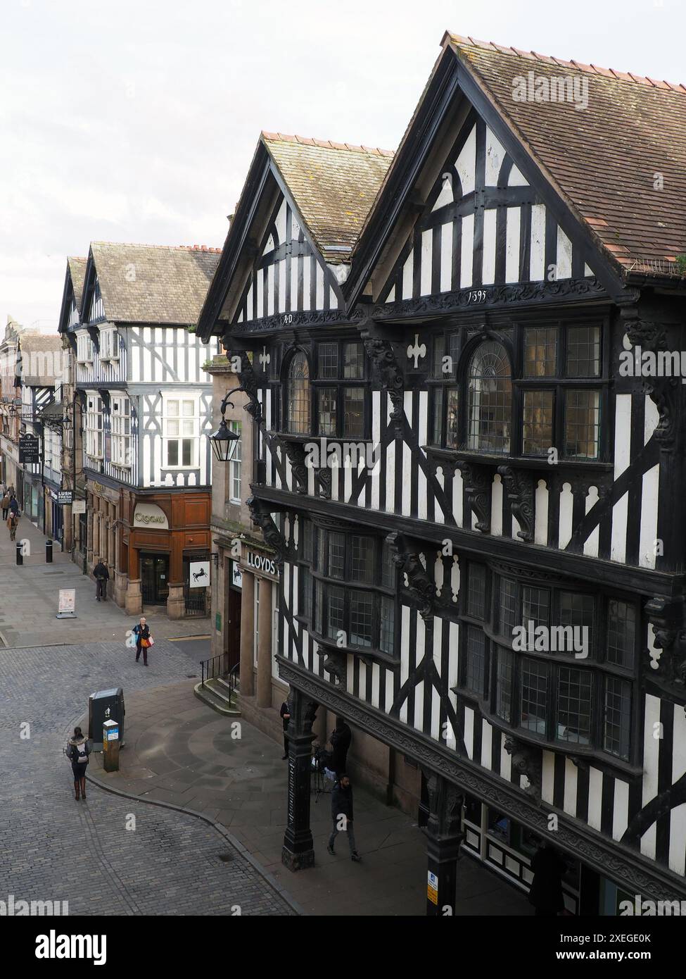 View of old half timbered buildings on Foregate street in Chester taken ...